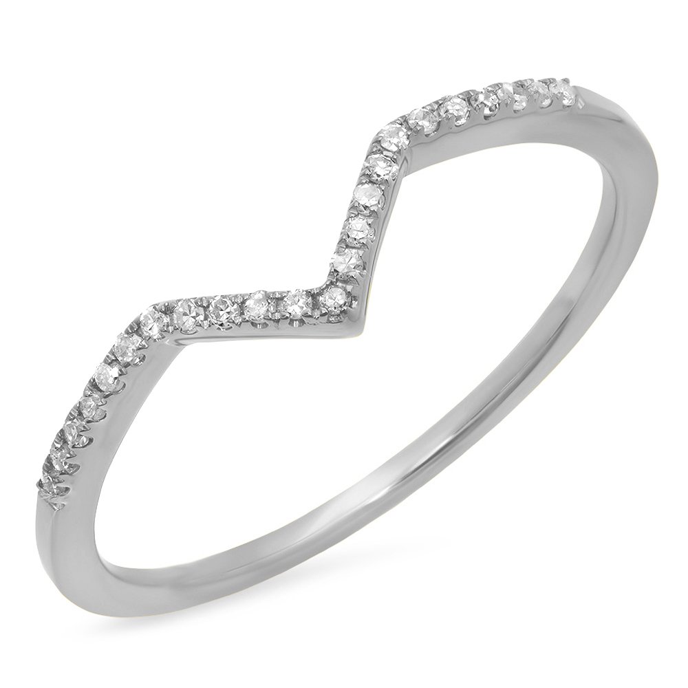 Gold & Diamonds Jewellery 0.10 Carat (Ctw) 14K White Gold Over .925 Sterling Silver Round White Diamond Wedding Stackable Band Anniversary Guard Chevron Ring 1/10 CT