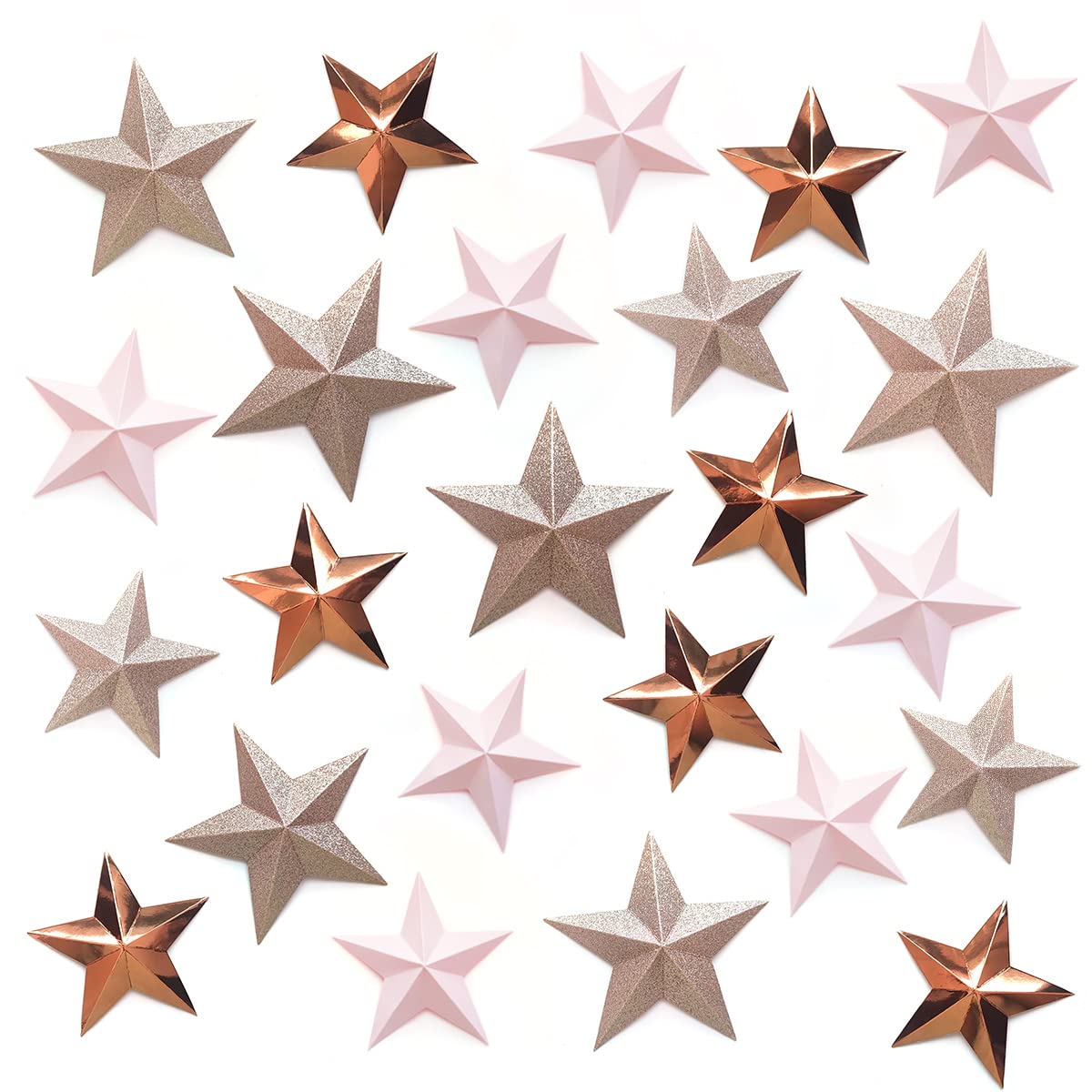 Tenshun 24pcs Reusable Paper Star Wall Decor, Rose Gold, Metallic, Baby Pink for Nursery, Bedroom Decor