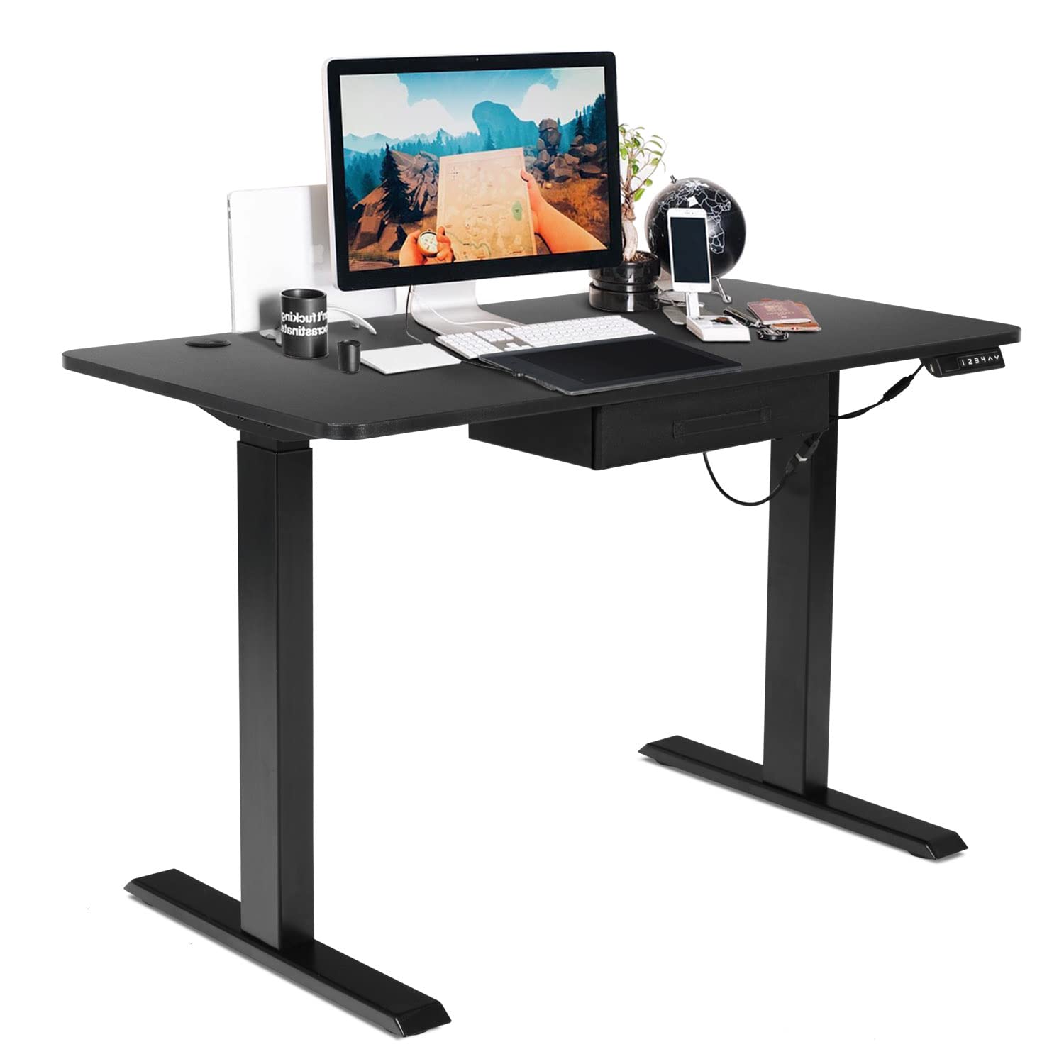 ENSTVER Electric Height Adjustable Standing Desk, 47 x 24 Inch Sit Stand Home Office Desk, Lift Workstation with Drawer, Stand up Table(Black Steel Frame/Black Top)