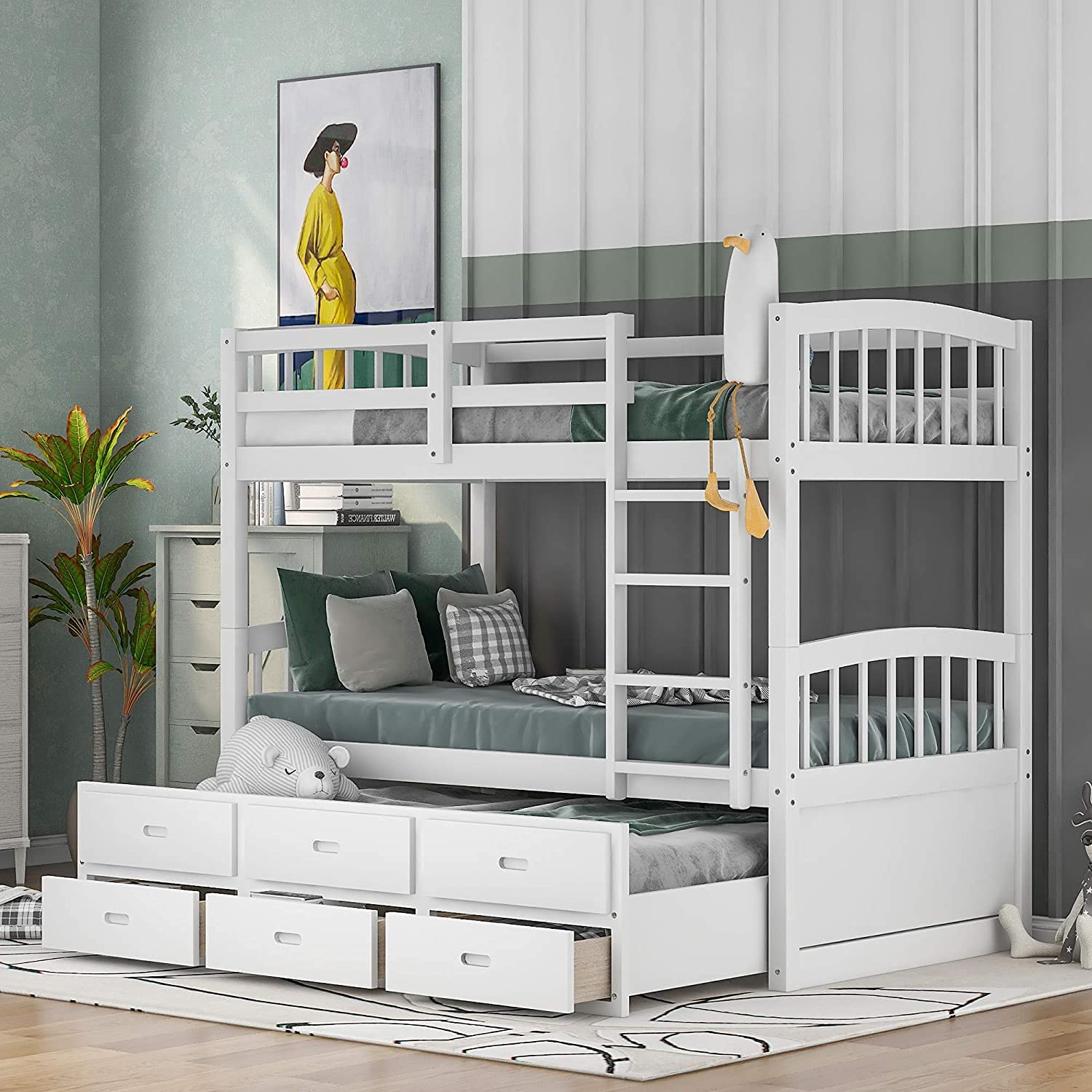 DNYN Twin Over Twin Bunk Bed with Trundle and 3 Storage Drawers for Kids/Adult Bedroom,Solid Wood Bedframe,Space-Saving Design & No Box Spring Needed, White