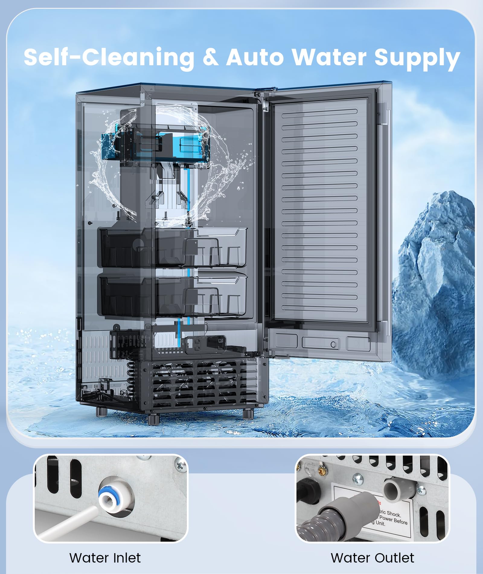Joy Pebble Commercial Nugget Ice Maker Machine, 66Lbs/Day, Freezer Under Counter Nugget Ice Machine, Self-Clean/24H Timer/LCD Panel/Drain Pump, Stainless Steel Built-in Freestanding Ice Maker