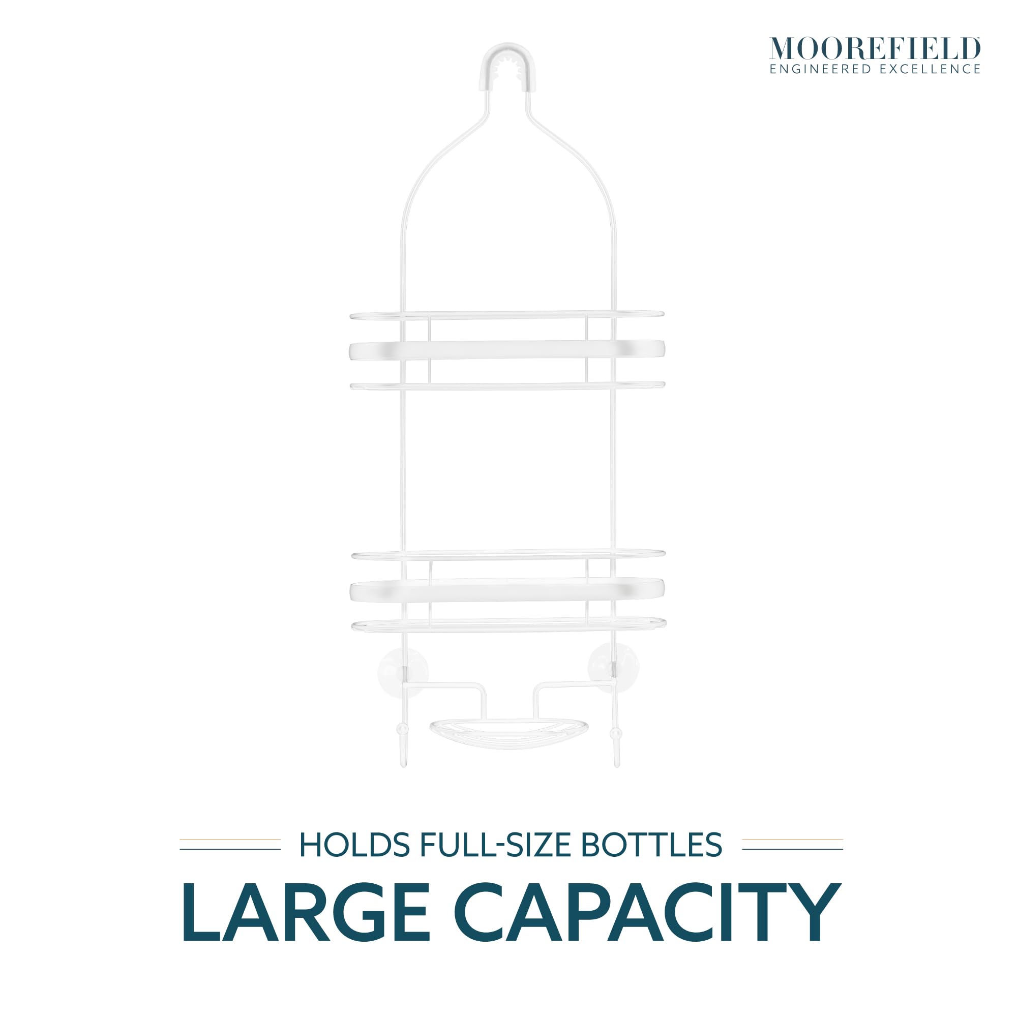 Moorefield 3 Tier hanging shower caddy with banded accents, non-slip neck, and suction cups (Matte White)