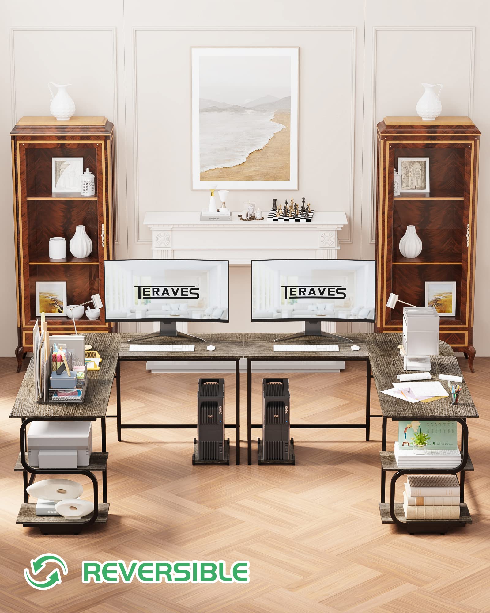 Teraves Reversible L Shaped Desk with Large Surface, 61 Inch Sturdy Corner Desk with Storage Shelves, Premium Office Computer Desk Workstation for Home Office Gaming