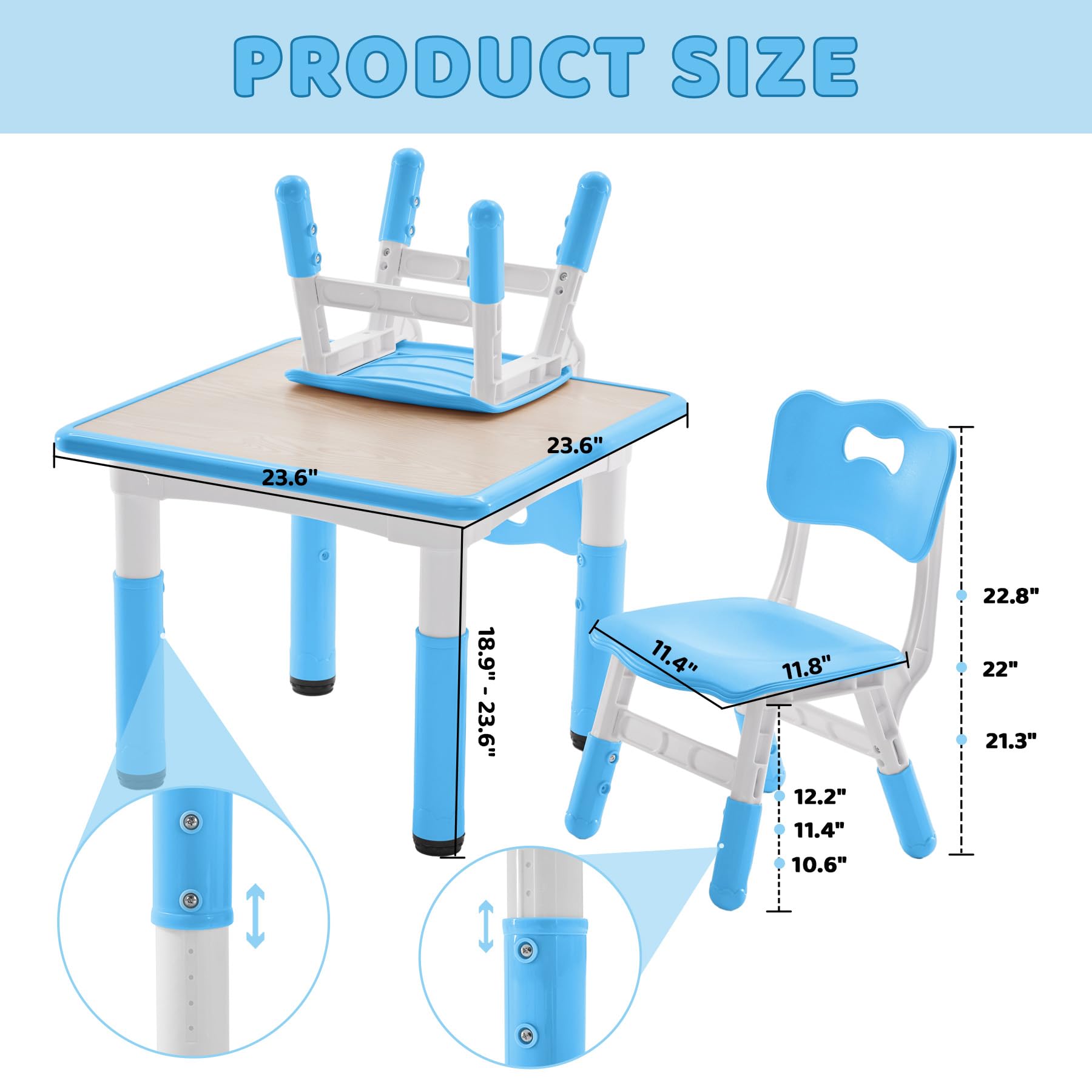 DOREROOM Kids Table and 2 Chairs Set, Height-Adjustable Toddler Table and Chairs Set with Graffiti Desktop, 23.6''L x 23.6''W Children Activity Table for Daycare, Classroom, Home
