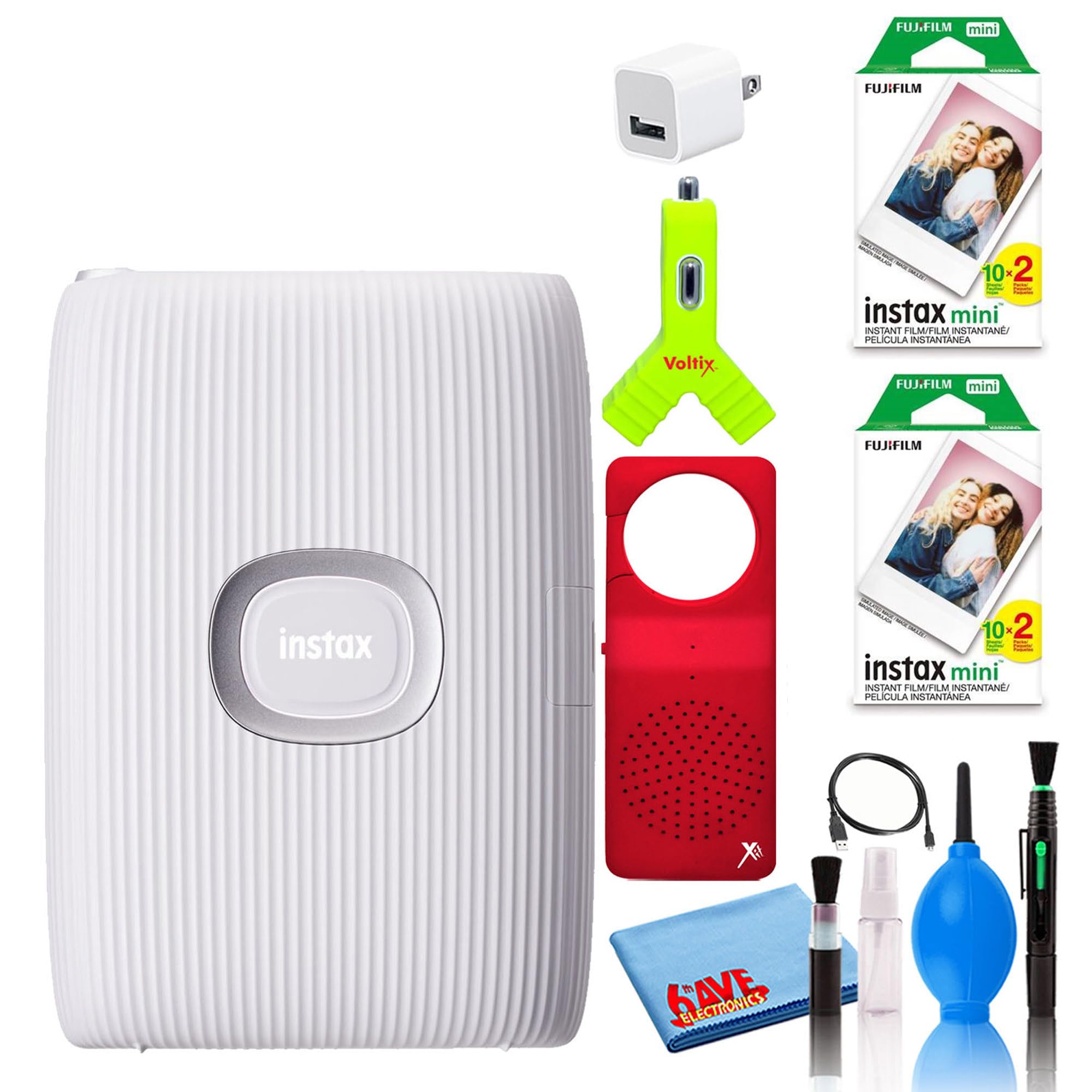 Fujifilm Instax Mini Link 2 Portable Smartphone Printer (Clay White) Creative Kit Film Bundle with (40) Instax Mini Films + Bluetooth Speaker + On-The-Go Kit + 6AVE Cleaning Kit + More