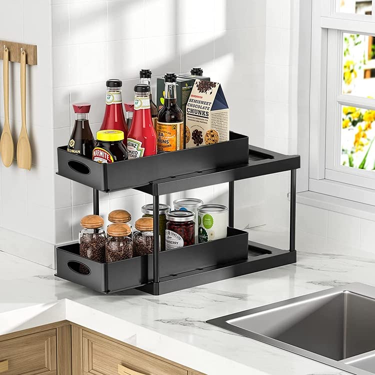HOMTECH Double Sliding Cabinet Organizer Drawer-Under Sink Organizers & Storage-2 Tier Slide Out Cabinet Organizer- Storage Shelf for Bathroom & Kitchen- Accessory Included Hand Drying Ball, Black