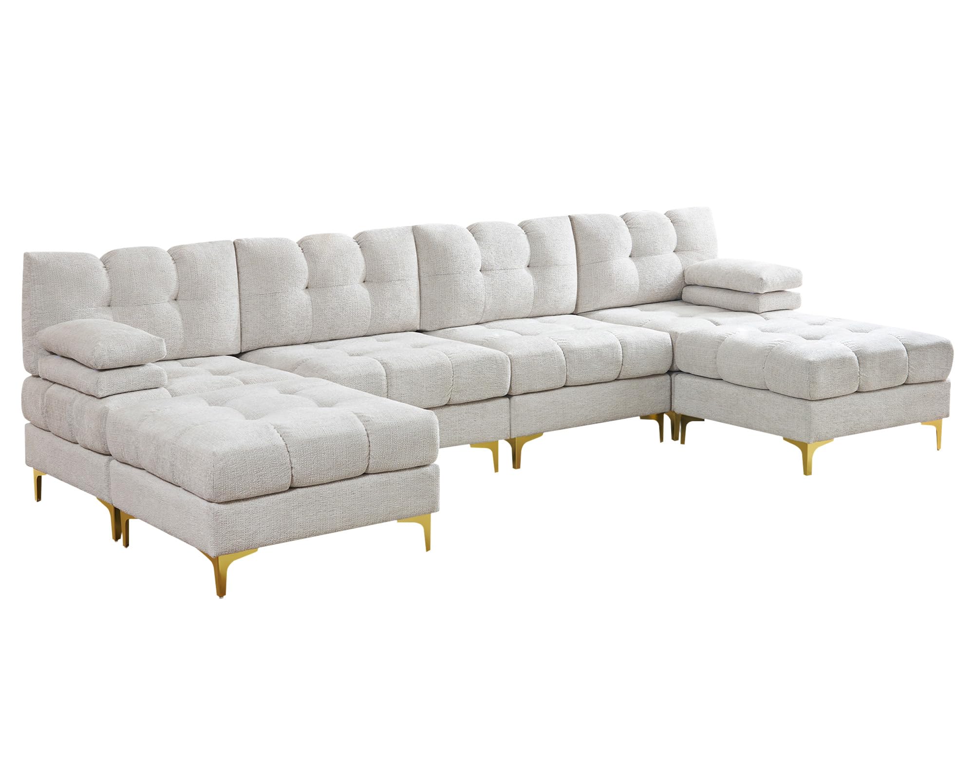 PaPaJet 124 Inch Sectional Sofa, 6 Seater Modular Sectional Couch with Metal Legs, U Shaped Sofa Couch for Living Room, Beige Chenille