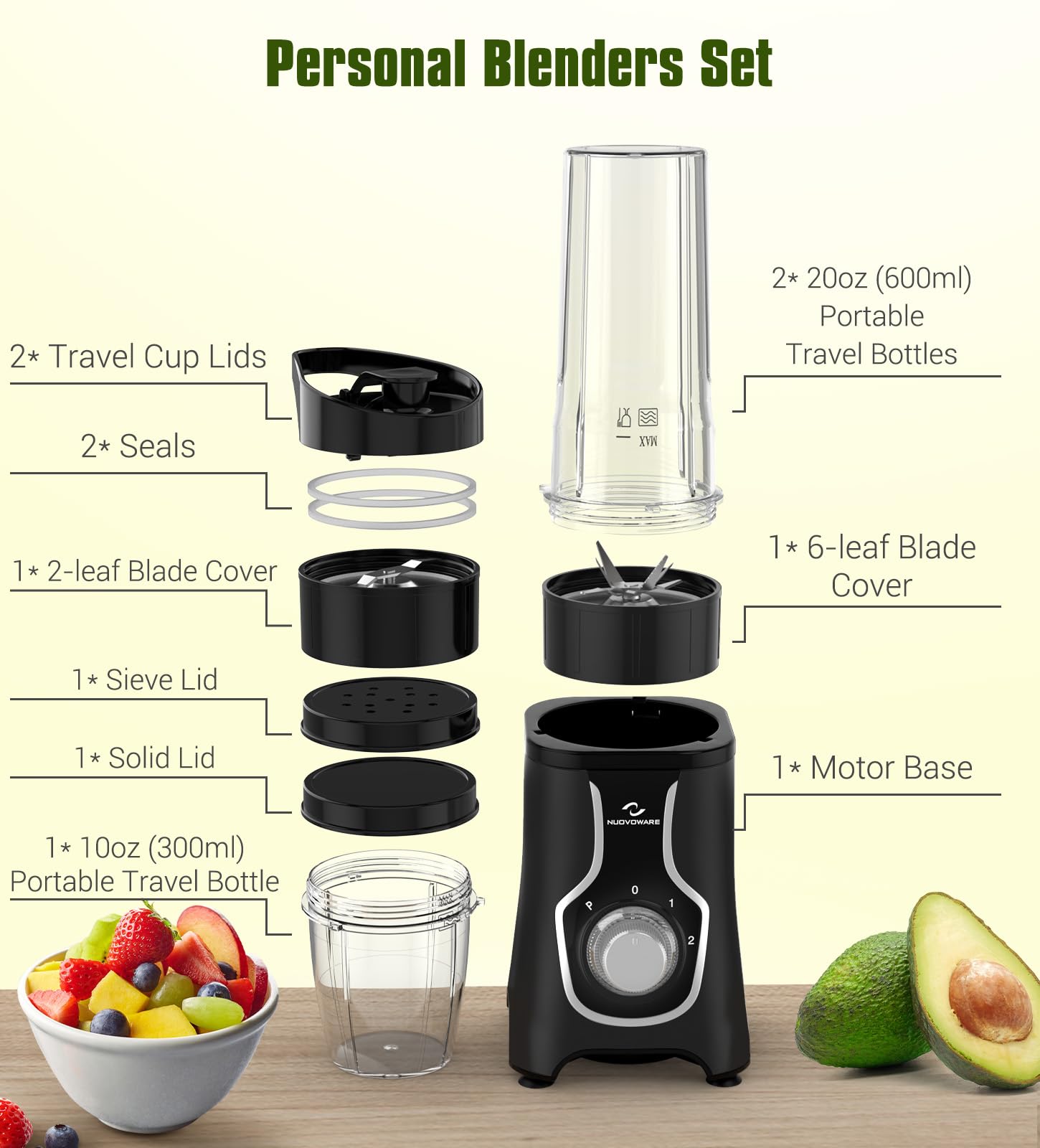 Nuovoware Portable Blender for Shakes and Smoothies, 12 PCS Personal Size Blenders with 6-Edge Blade, 600W Smoothie 2 * 20oz Bottle, 3 Speeds Juice, Protein Drinks, Matte Black