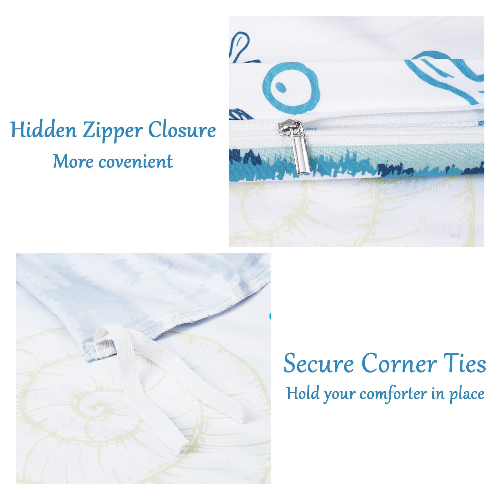 Likiyol Duvet Cover King Set, Coastal Comforter Cover with Zipper Closure, Seashells and Sealife Nautical Soft Microfiber Bedding Sets 3 Pieces(1 Duvet Cover+2 Pillowcases)