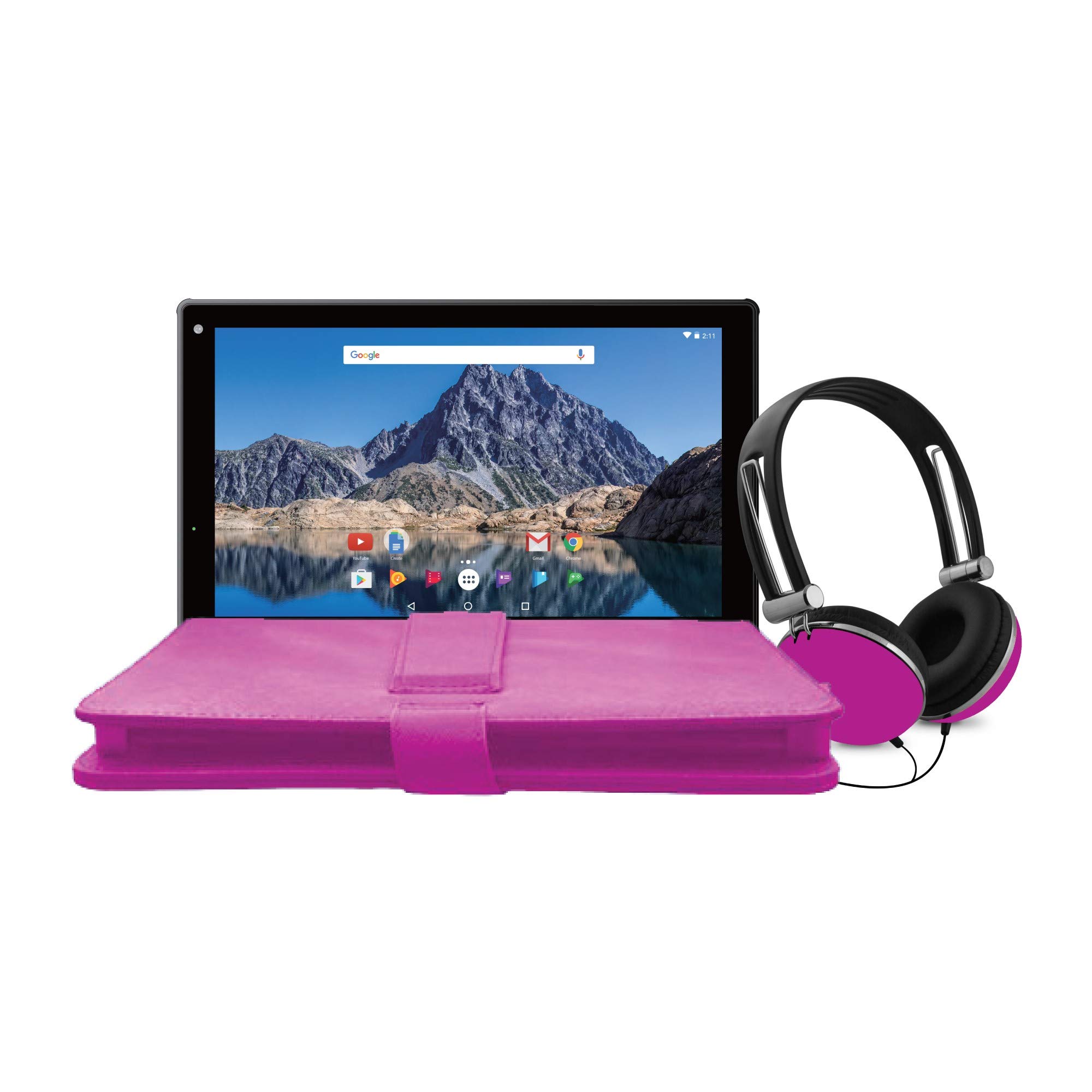 Ematic 10-Inch Android 7.1 (Nougat), Quad-Core 16GB Tablet with Folio Case and Headphones, Pink