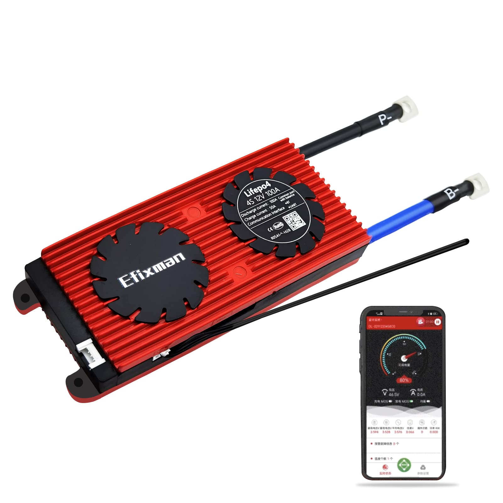 LiFePO4 4S 12V 100Ah BMS 3.2V Battery Protection Module PCB Protection Board with Balance Leads Wires BMS for Lithium Battery Pack 12V in Home Energy Storage Inverter