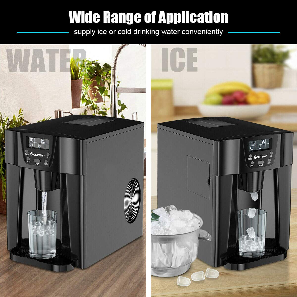 Refrigeration Modern High-Efficiency Maker Water Dispenser Countertop 36Lbs/24H LCD Display Portable Black Portable 2 In 1 Ice Ice-Making Restaurants, Bars Canteens, Snack