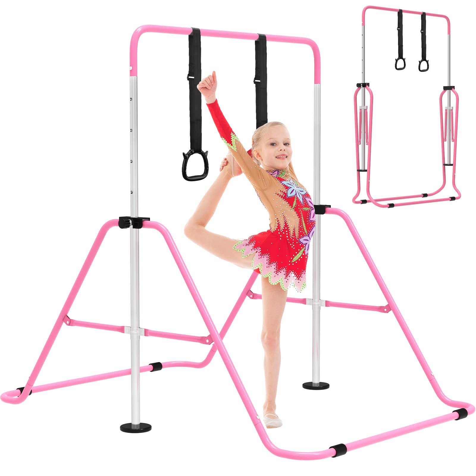 EVERYMILE Gymnastics Bars, Junior Training Kip Bar Gymnastics Equipment for Home,Adjustable Height Folding Gymnastic Horizontal Bars Monkey Bar with Gymnastics Rings for Kid Gymnasts, Child, Girl, Boy