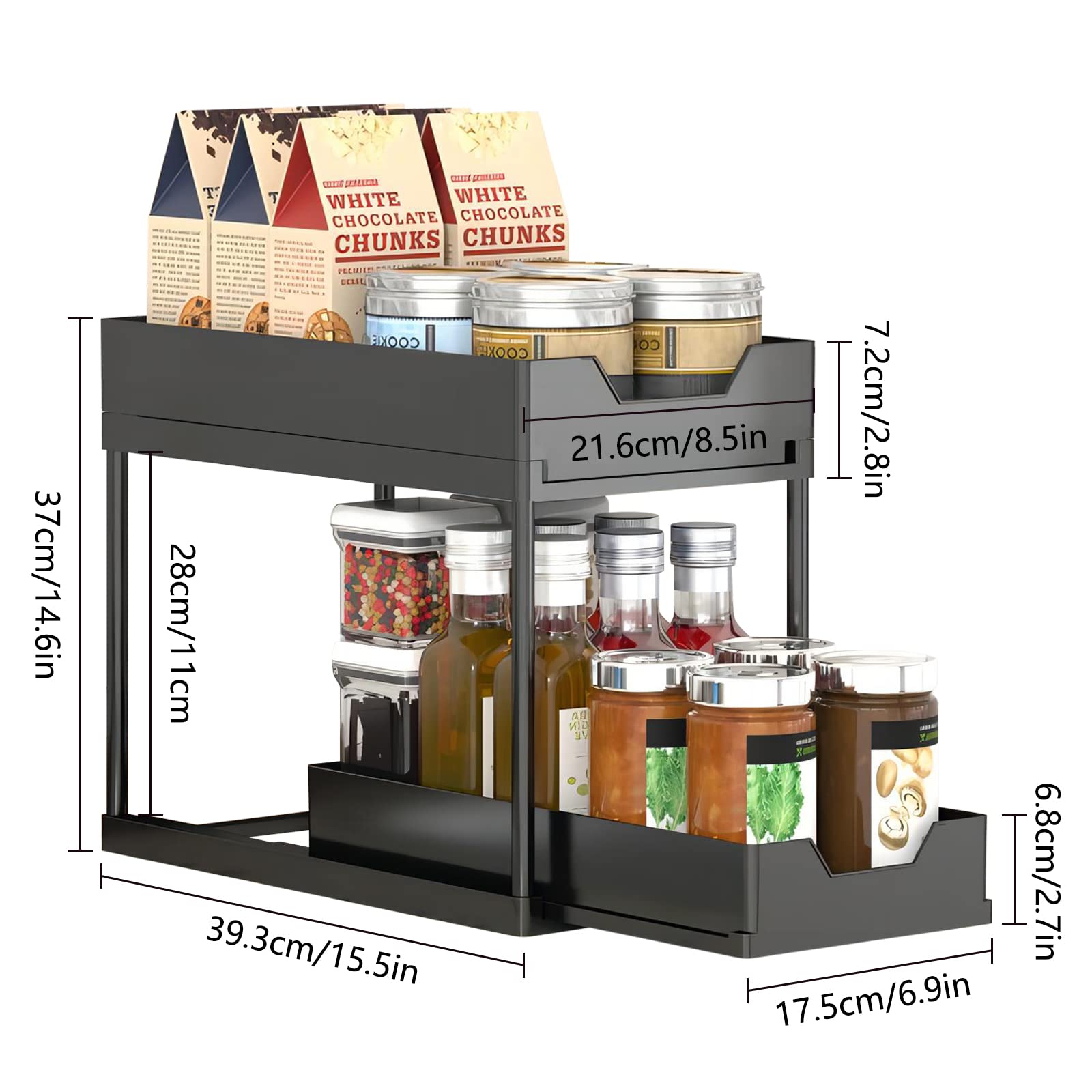 Fourmor Under Sink Organizers and Storage - 2 Tier Slide Out Shelf Under Cabinet Kitchen Storage with 4 Hooks, Pull Out Under Sink Organizer for Kitchen Bathroom Counter Office Pantry
