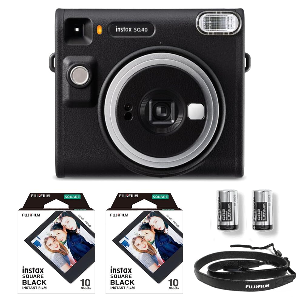 Fujifilm Instax Square SQ40 Instant Film Camera Bundle with Fujifilm Instax Square Black Film | 20 Exposures + Microfiber Cleaning Cloth (3 Items)