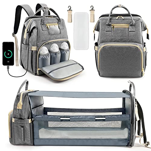 Kompoll Unisex Diaper Bag Backpack, Grey, Large Capacity, Waterproof, Padded Shoulder Straps, Reinforced Zippers, 5 Pockets with Insulated Function, Suitable for 0-24 Months