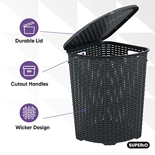 Plastic Corner Laundry Hamper with Lid, Curved Designed Laundry Basket, 2 Pack Triangle Grey Cloths Hamper Organizer with Cut-out Handles for Laundry Room Bedroom Bathroom, Wicker Design, 50 Liter