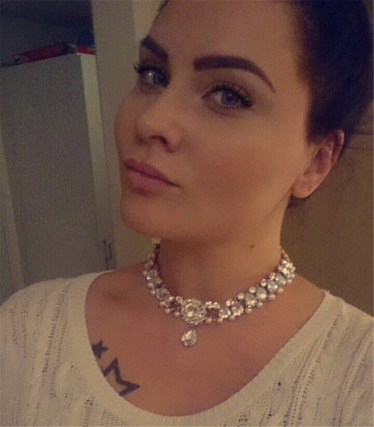 Fashion Womens Pearl Collar Crystal Diamond Chunky Choker Pendant Bib Necklace