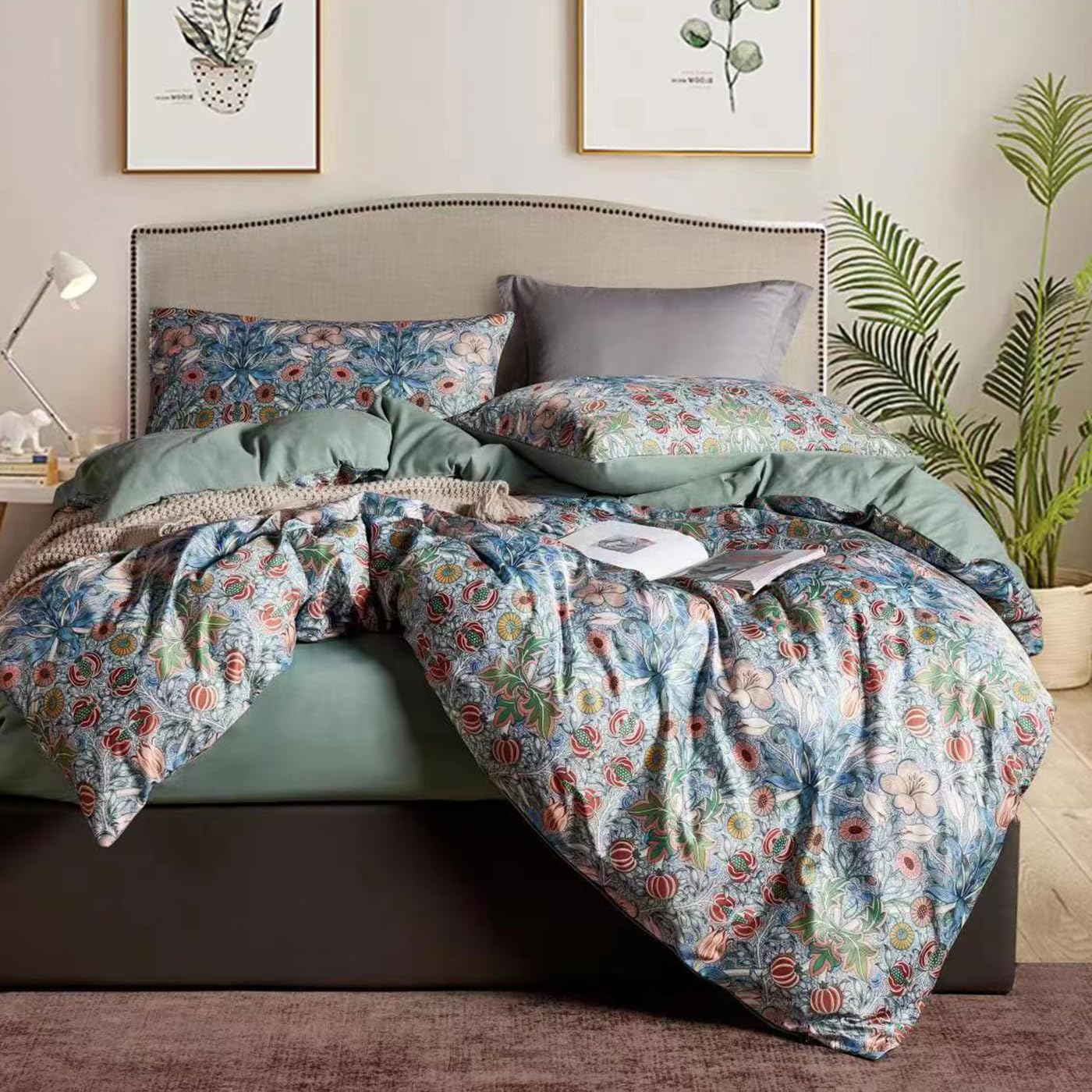 KASBLUEL Boho Floral Duvet Cover King, 5 Pieces Green Paisley Comforter Covers, Aesthetic Bedding Sets, Artistic Flower Pattern Bed Set, Soft Microfiber Vintage Style with Zipper