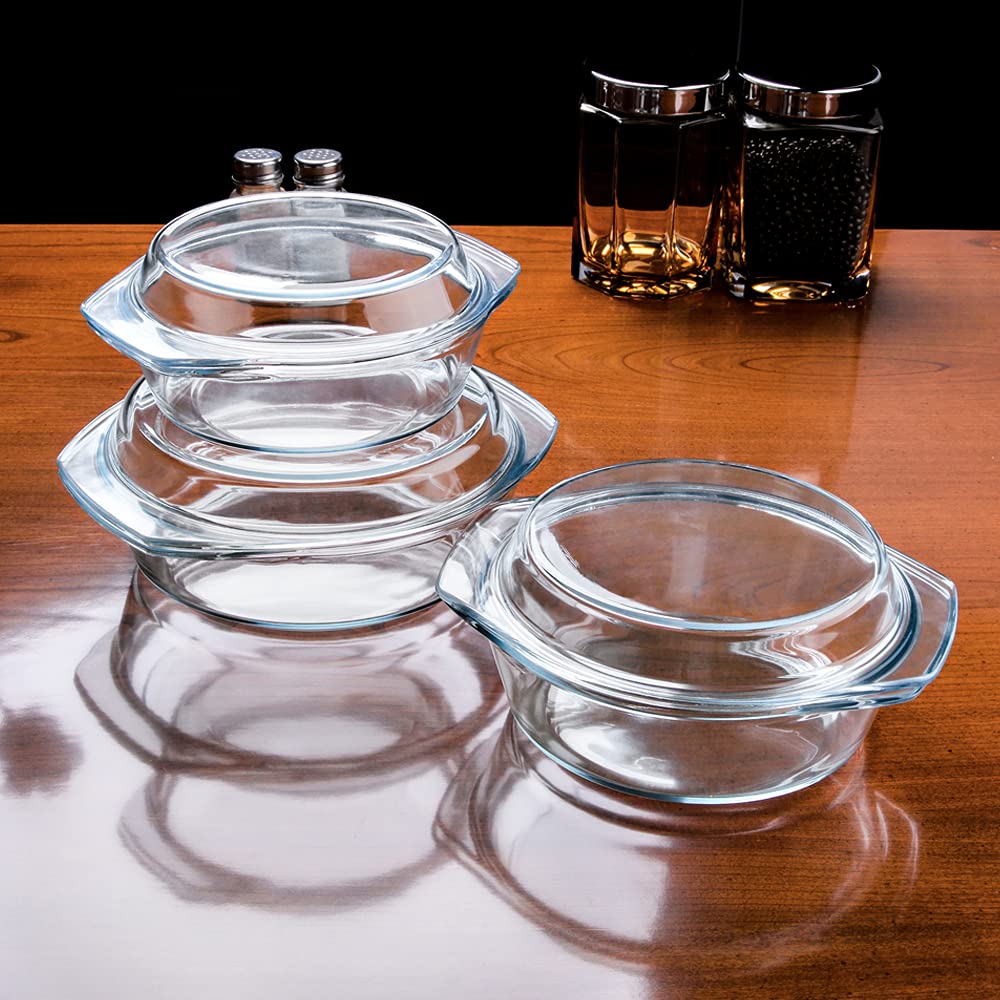 HUSANMP Set of 6 Pieces Round Tempered Glass Casserole Dish with Lids, Glass Casserole Baking Dish Set for Oven, Freezer and Dishwasher Safe - 1QT+1.5QT+1.8QT