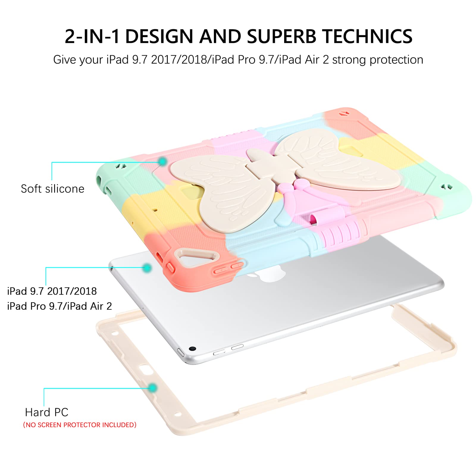 GUAGUA Compatible for iPad Air 2 Case for Kids, iPad 6th/5th Generation Case 2018/2017, iPad Pro 9.7 Case Kickstand Cover 2 in 1 Rugged Shockproof Anti-Scratch Tablet Case with Pen Holder, Colorful