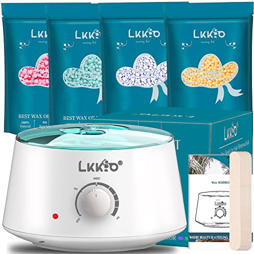 LKKRO Waxing Kit, Wax Warmer Hair Removal for Women, Brazilian Wax Melting Pot, Home Waxing Hair Removal kit with 4 Bags Hard Wax Beans & 10 Applicator Sticks, for Body, Legs, Face, Underarm, Bikini, Brazilian (.Green)