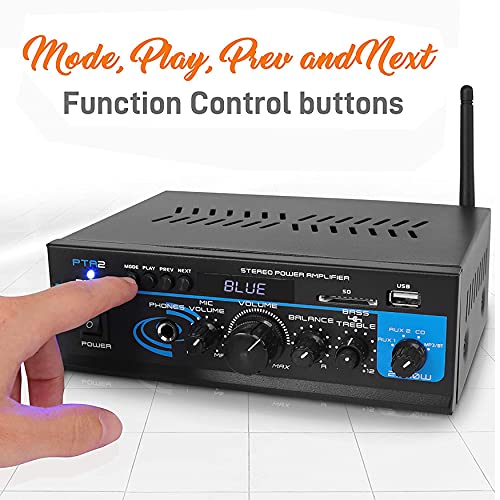 Pyle Home Audio Power Amplifier System - 2X40W Bluetooth Mini Dual Channel Mixer Sound Stereo Receiver Box w/ AUX, Mic Input - For Amplified Speakers, PA, CD Player, Theater via RCA, Studio Use - PTA2
