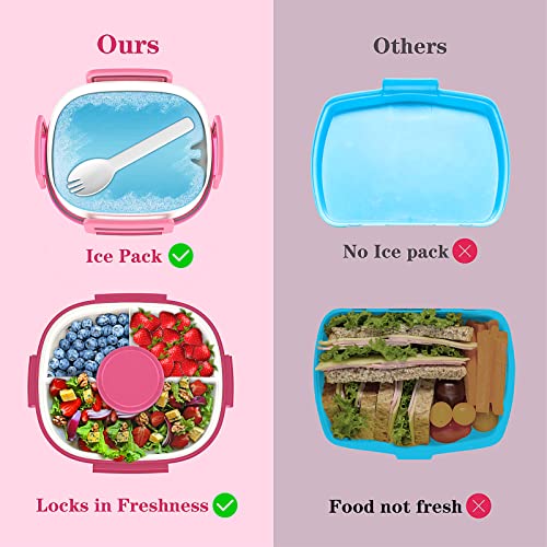 Stackable Salad Lunch Containers With Ice Pack, 1.3L Salad Bowls Bento Box Lunch Container with 4 Compartments Tray, 3oz Sauce Container for Dressings, Built-In Reusable Fork & BPA-Free (Pink)