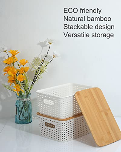 EOENVIVS Set of 6 Storage Baskets With Bamboo Lids, Plastic Storage Bins for Pantry Organization and Storage Containers for Shelves Drawers Desktop Closet Playroom Classroom Office Home, White