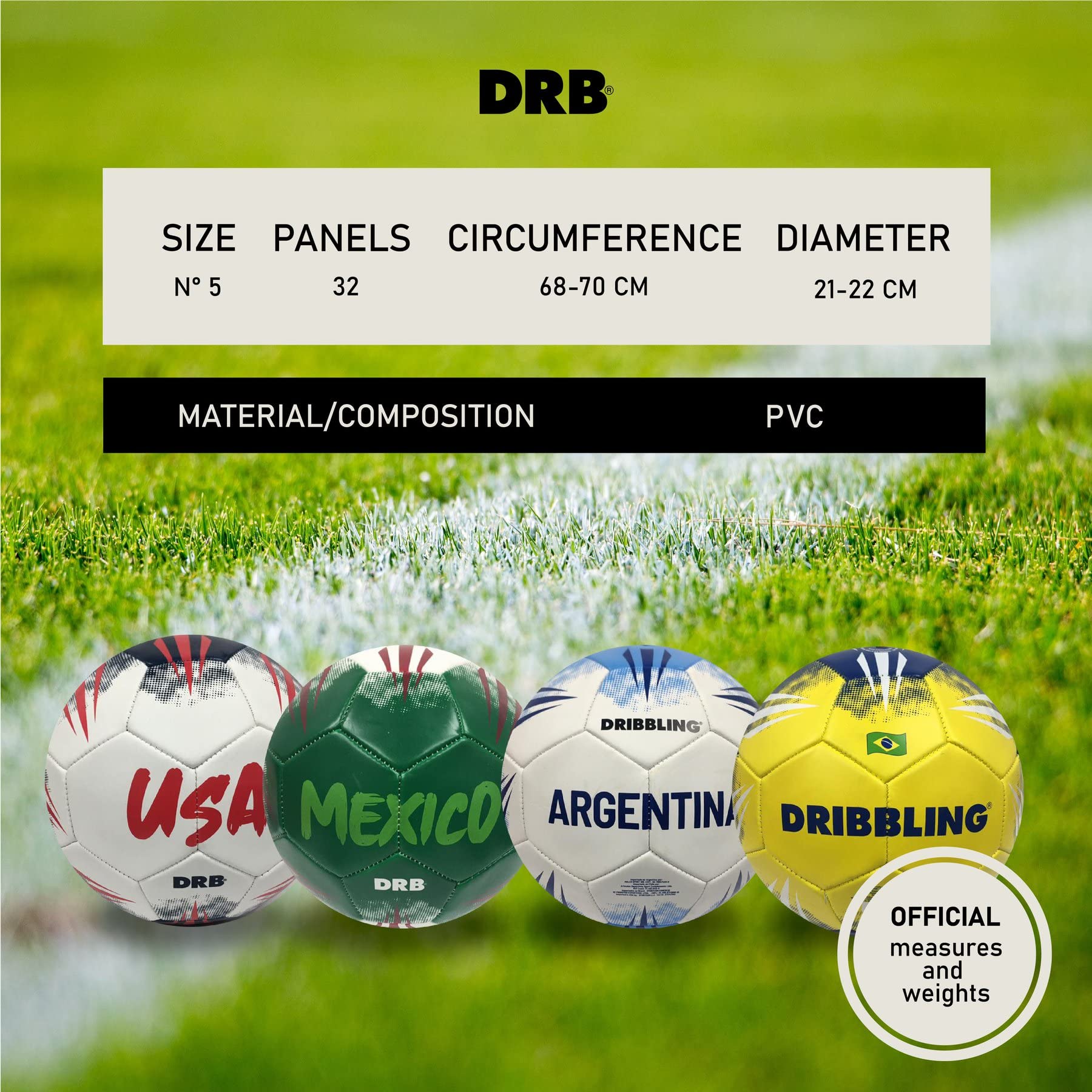 DRB DRIBBLING Soccer Ball Countries - Size N° 5 - Machine Sewed Durable, Scuff-Resistant and Water-Resistant-Recreational, Practice, Training Soccer (Argentina)