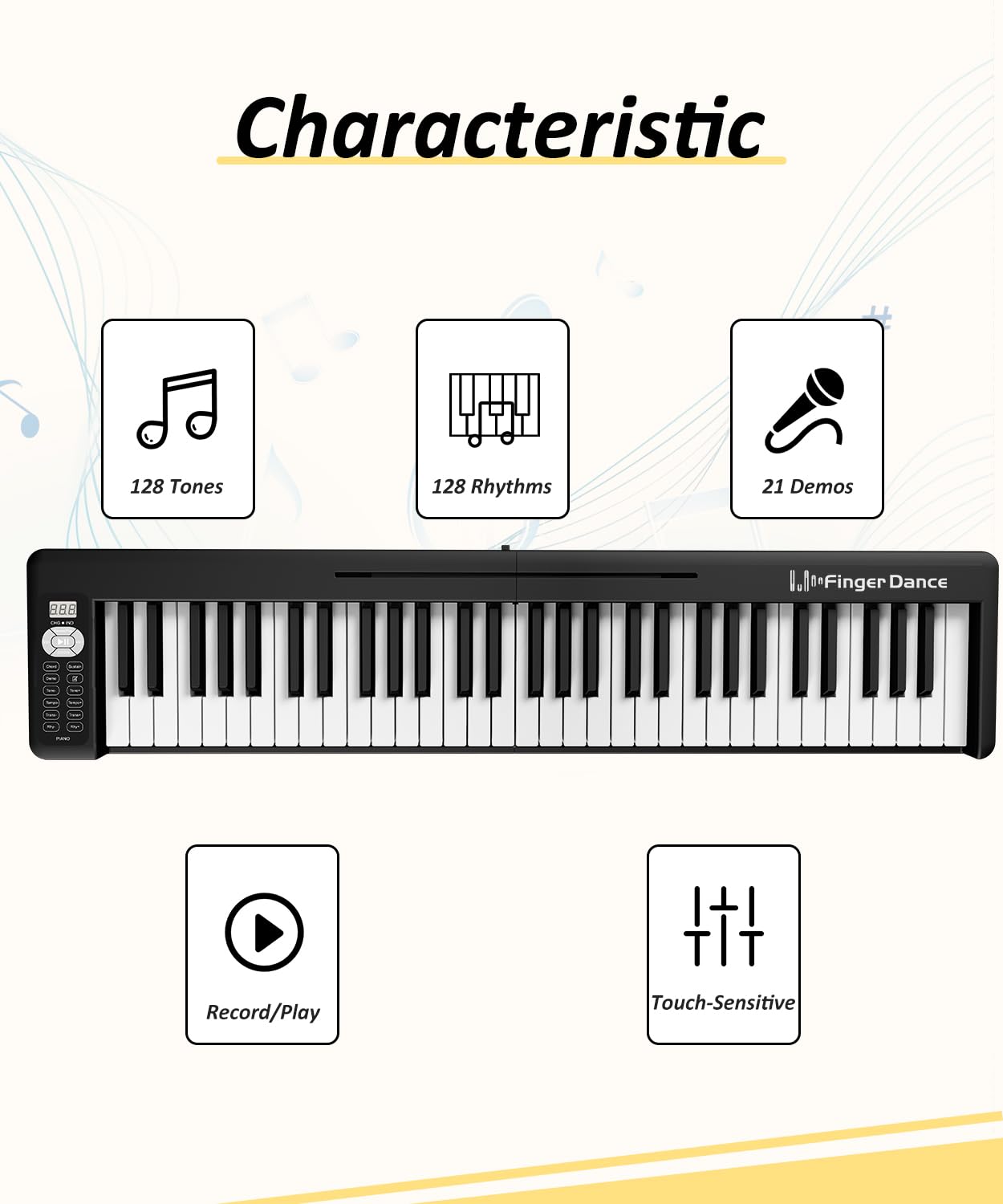 Finger Dance 61 Key Keyboard, Folding Piano, Semi Weighted Keys Portable Piano, Bluetooth & MIDI, Foldable Keyboard Piano for Beginner - Deep Black