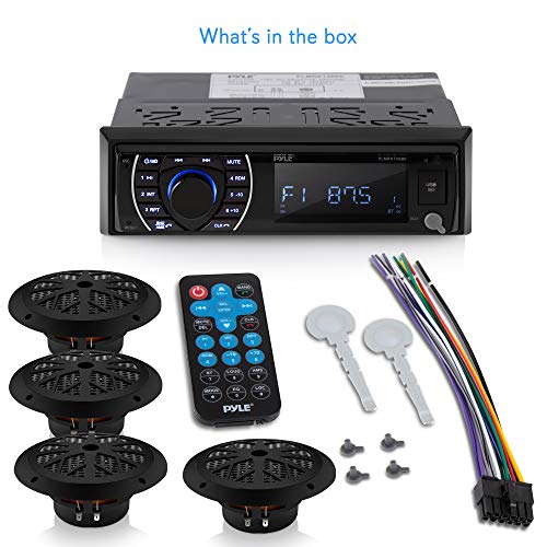 Pyle Marine Head Unit Receiver Speaker Kit - In-Dash LCD Digital Stereo Built-in Bluetooth & Microphone w/ AM FM Radio System 6.5ββ Waterproof Speakers (4) MP3/SD Readers & Remote Control -PLMRKT48BK