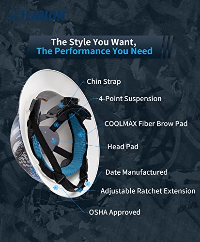 LANON Full Brim Hard Hat, OSHA Construction Work Approved, Blue Pattern Design, FRP Safety Helmet with 4 Point Adjustable Ratchet Suspension, Class C