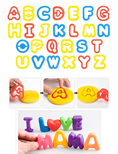 Play Dough Tools Set for Kids Letter Molds，Numeral Molds Various Plastic Animal Molds for Creative Dough Cutting (63 Pieces)