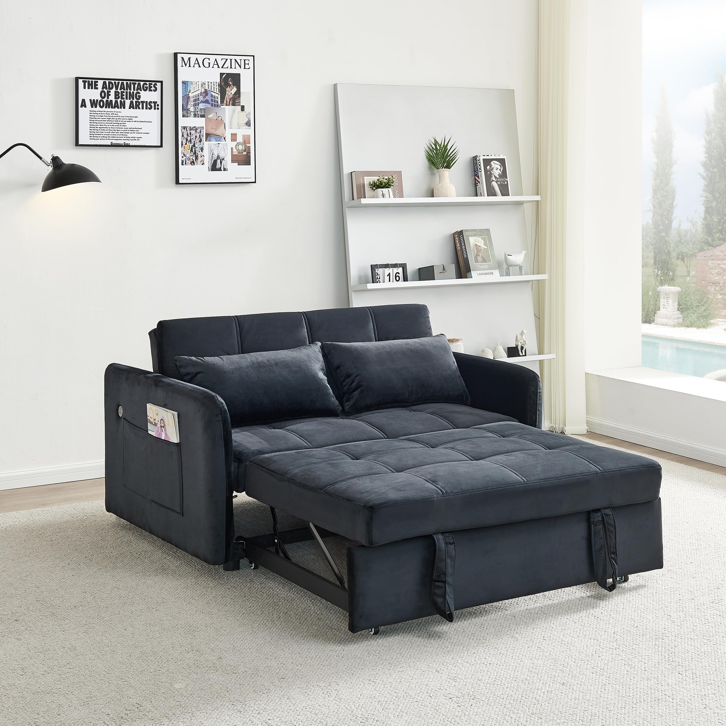 HomSof Convertible Sleeper Sofa Bed, Brown Modern Loveseat Couch with Pull Out Bed, 2 Pillows and Side Pockets