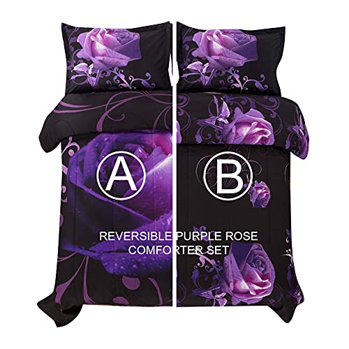 Purple Comforter Set Full Reversible Purple Rose Pattern Printed Bedding Down Comforter with 2 Pillow Cases for All Seasons, Soft Microfiber Bedding Comforter Duvet Set for Full Bed 80"x90"