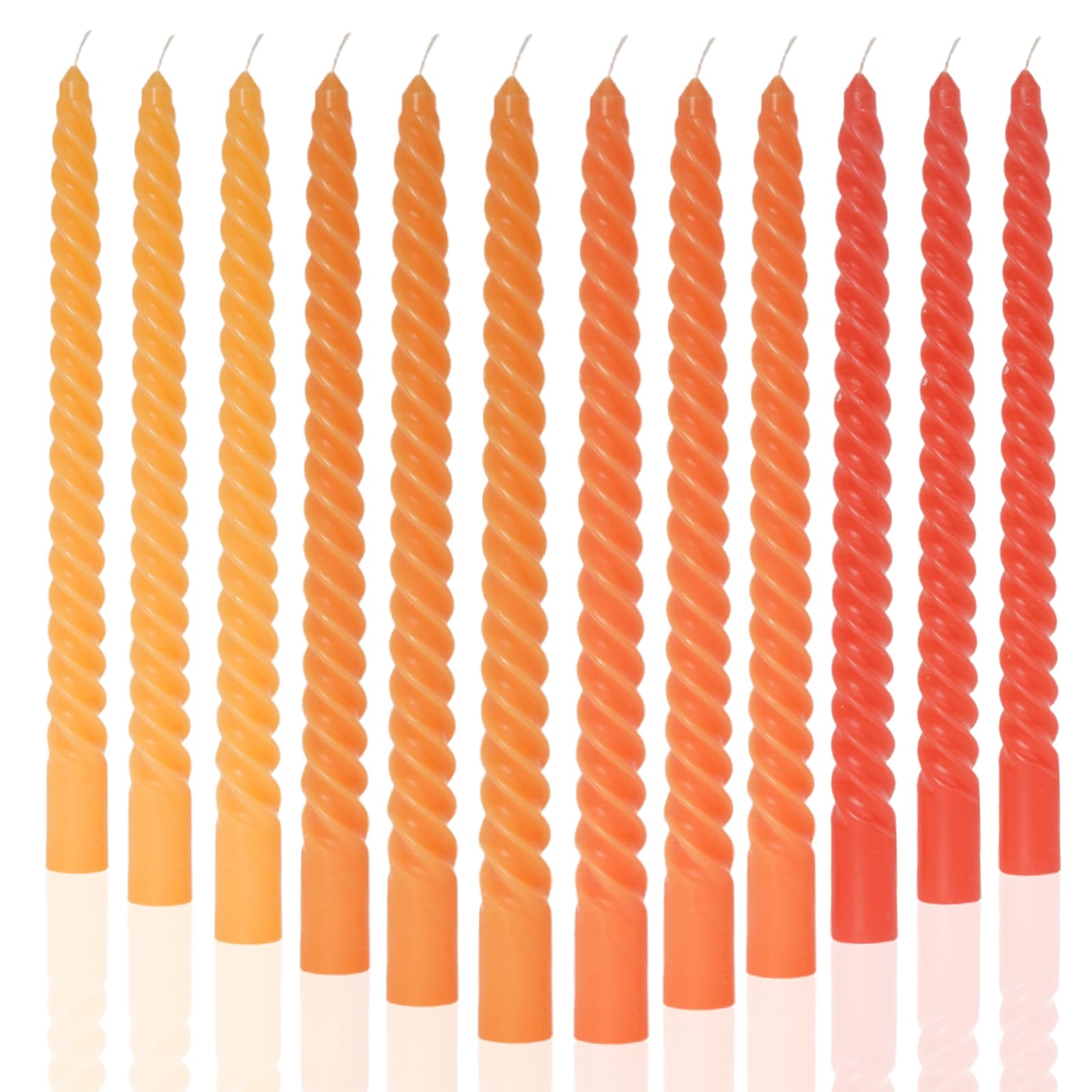 MAITREYA Orange Taper Candles Stick Spiral Twisted Candles-Set of 12 for Decoration Weddings Party Church-Unscented Dripless Candles,10inch(F-Gradient Orange)