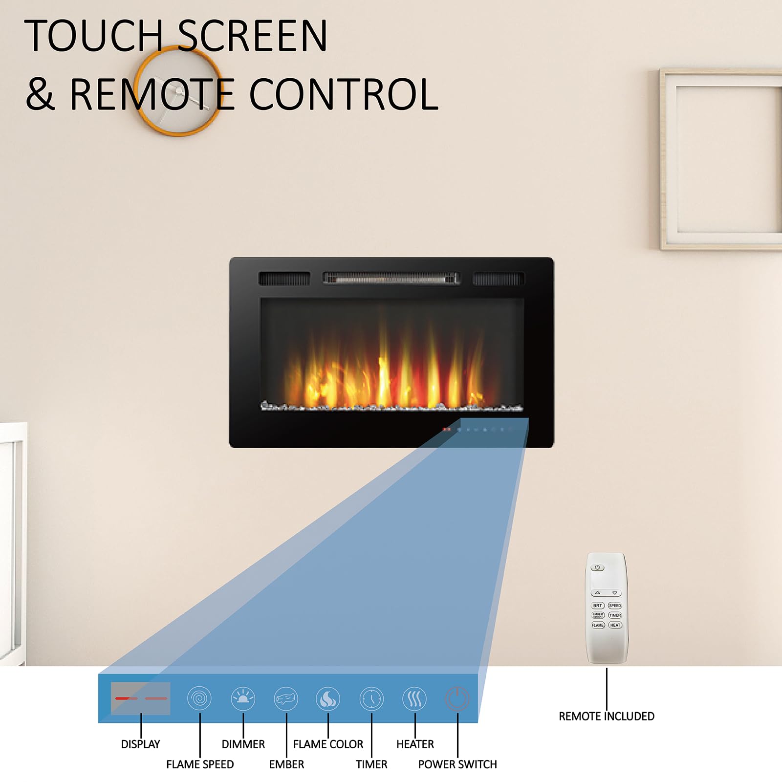 FULEIWO 30 inch Recessed and Wall Mounted Electric Fireplace, Low Noise,Fit for 2 x 4 and 2 x 6 Stud, Remote Control with Timer,Touch Screen,Adjustable Flame Color and Speed, 750-1500W