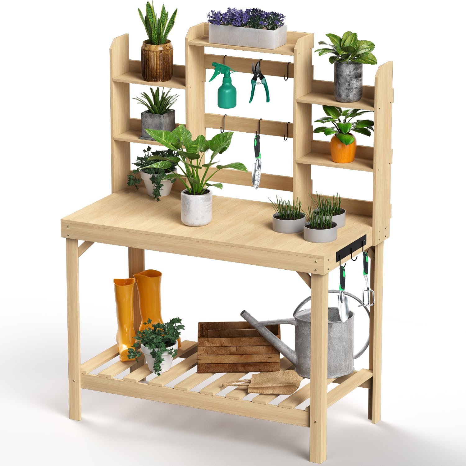 Highpro Outdoors Potting Benches Table, Garden Work Table Outside, Wooden Workstation Table with Storage Shelf