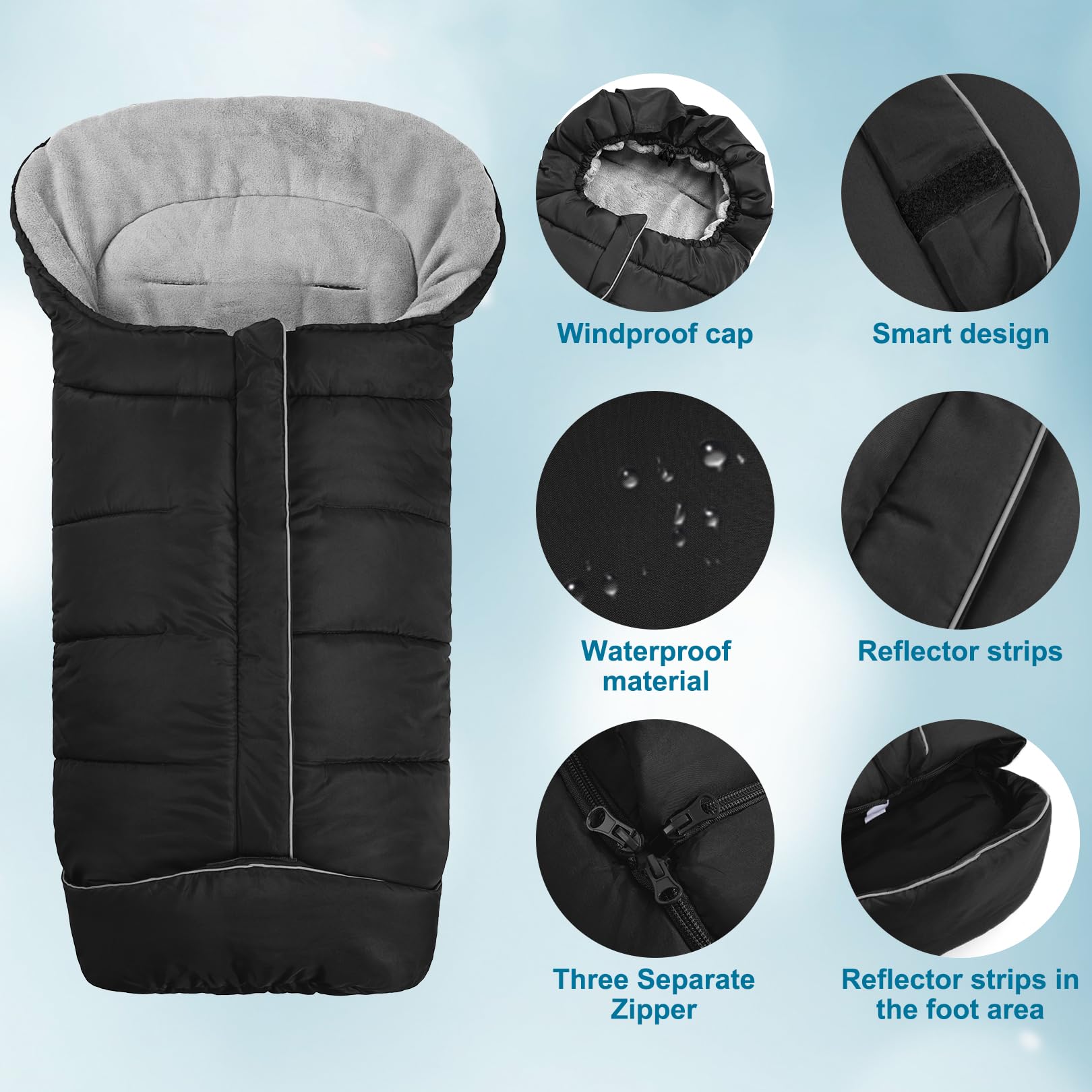 mopfay Universal Winter Warm Stroller Footmuff,Baby Stroller Bunting Bags with Adjustable Drawstring Hood,Waterproof/Windproof Soft Fleece Lined Stroller Sleeping Bag for Strollers,Pushchairs,Prams