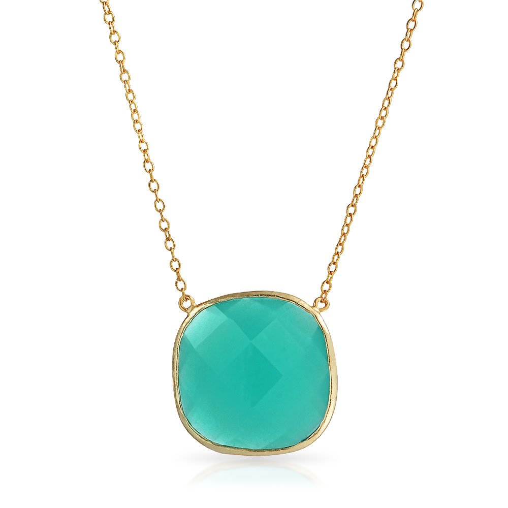 Exquisite Teal Blue-Green Faceted Stone Pendant Necklace for Women - Simulated Chalcedony Quartz, Bezel Setting, 14K Gold-Plated .925 Sterling Silver - Timeless Elegance