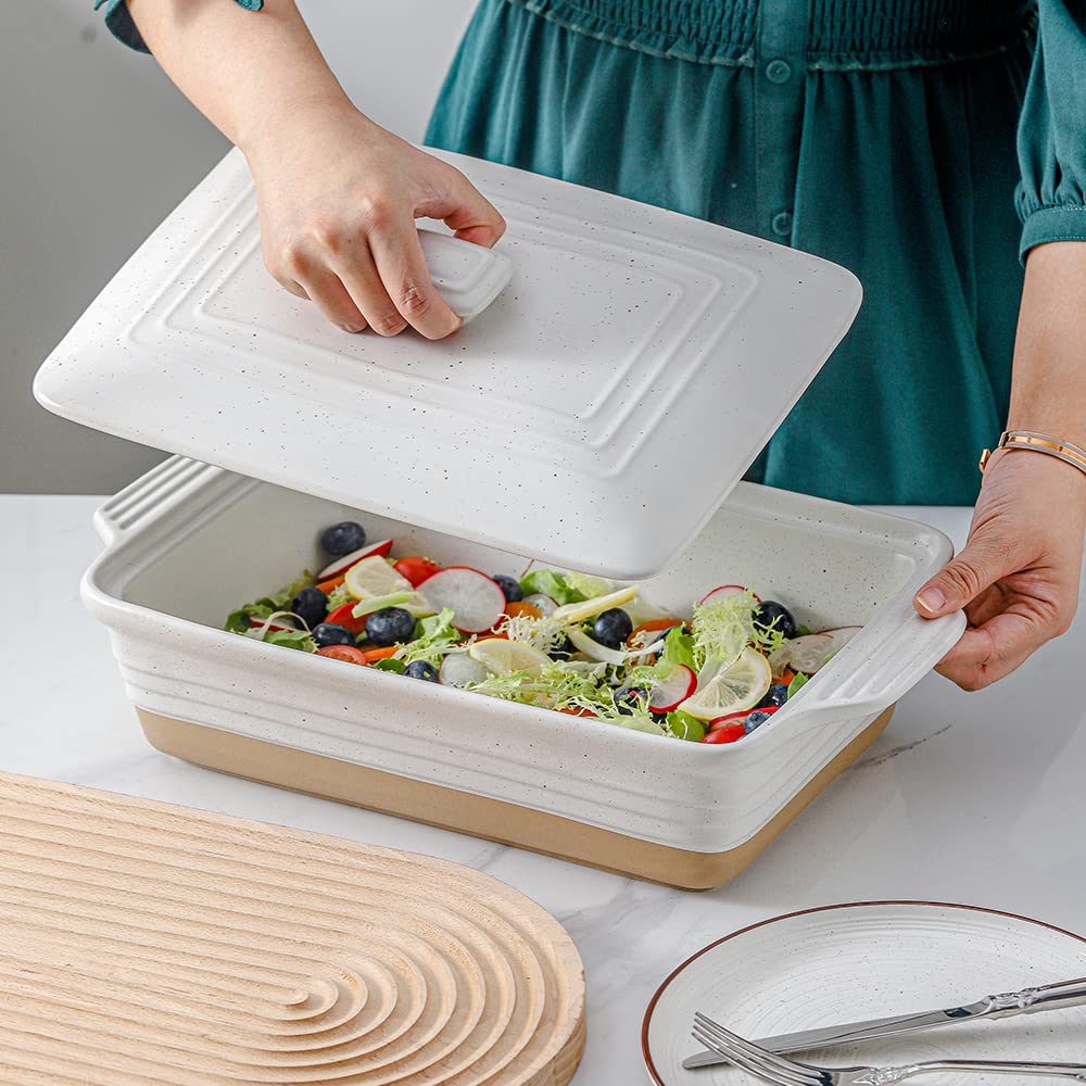HVH Ceramic Casserole Dish with Lid Oven Safe, 9x13 Casserole Dish, Covered Rectangular Casserole Dish Set, 3.5 Quart Large Casserole Dish, Baking Dishes for Casseroles, Farmhouse Style (White)