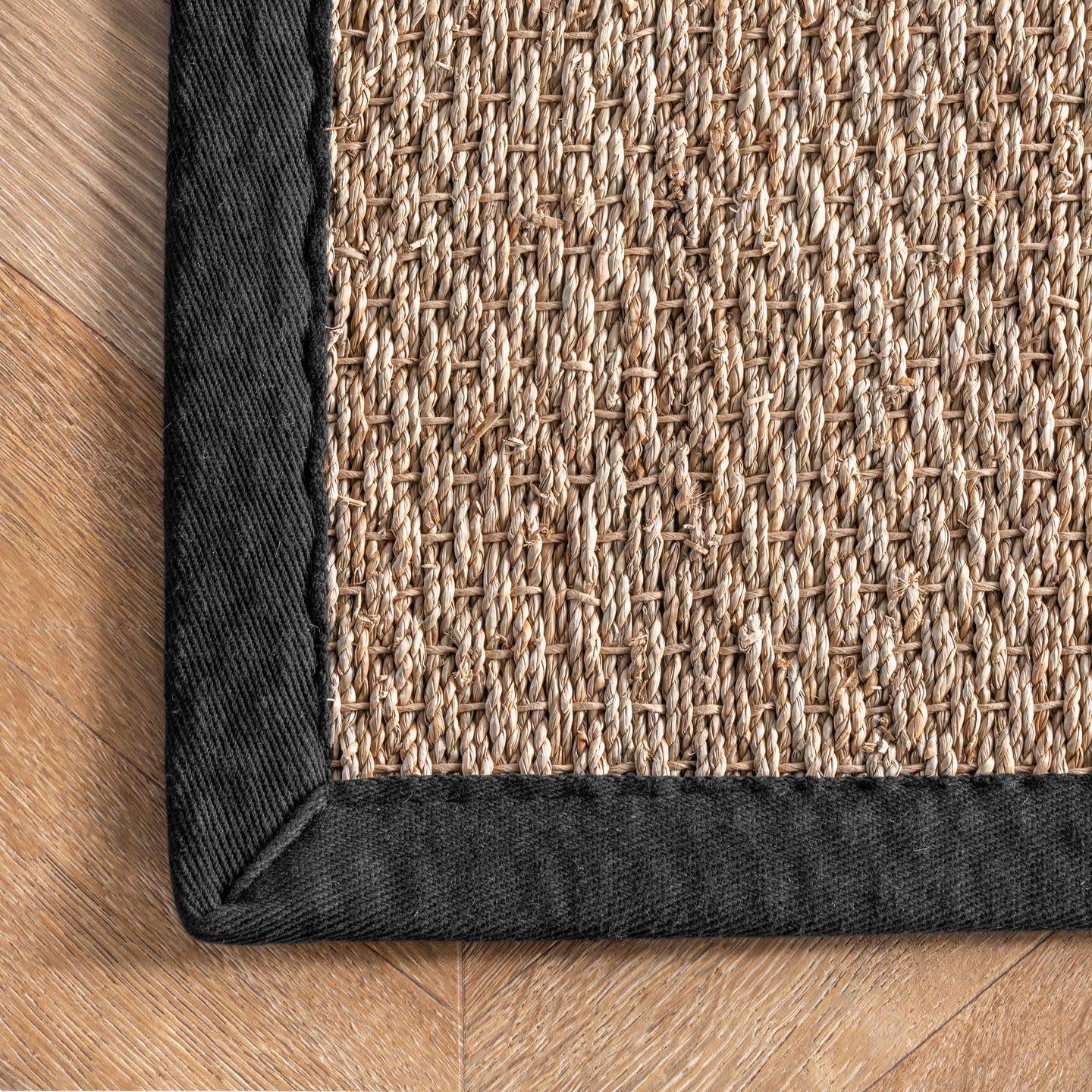 nuLOOM 8 Square Elijah Seagrass Area Rug, Black, Solid Farmhouse Style, Cotton Bordered, Basketweave, Natural Fiber, For Bedroom, Dining Room, Living Room, Hallway, Office, Kitchen, Entryway