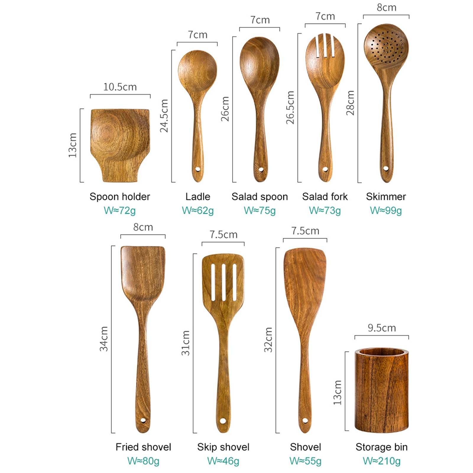 Deluxe Wooden Cooking Utensils Set of 9 - Complete Kitchen Utensils for Cooking with Storage Box & Spoon Holder - Durable and Nonstick Natural Wood Cookware-Wood Cooking Tools (Silver)