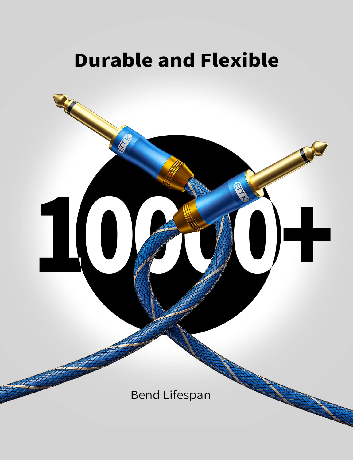 EMK® Guitar Instrument Cable, 10 Ft - Custom Series with Premium Rean-Neutrik 1/4" Straight Gold Plugs,Blue