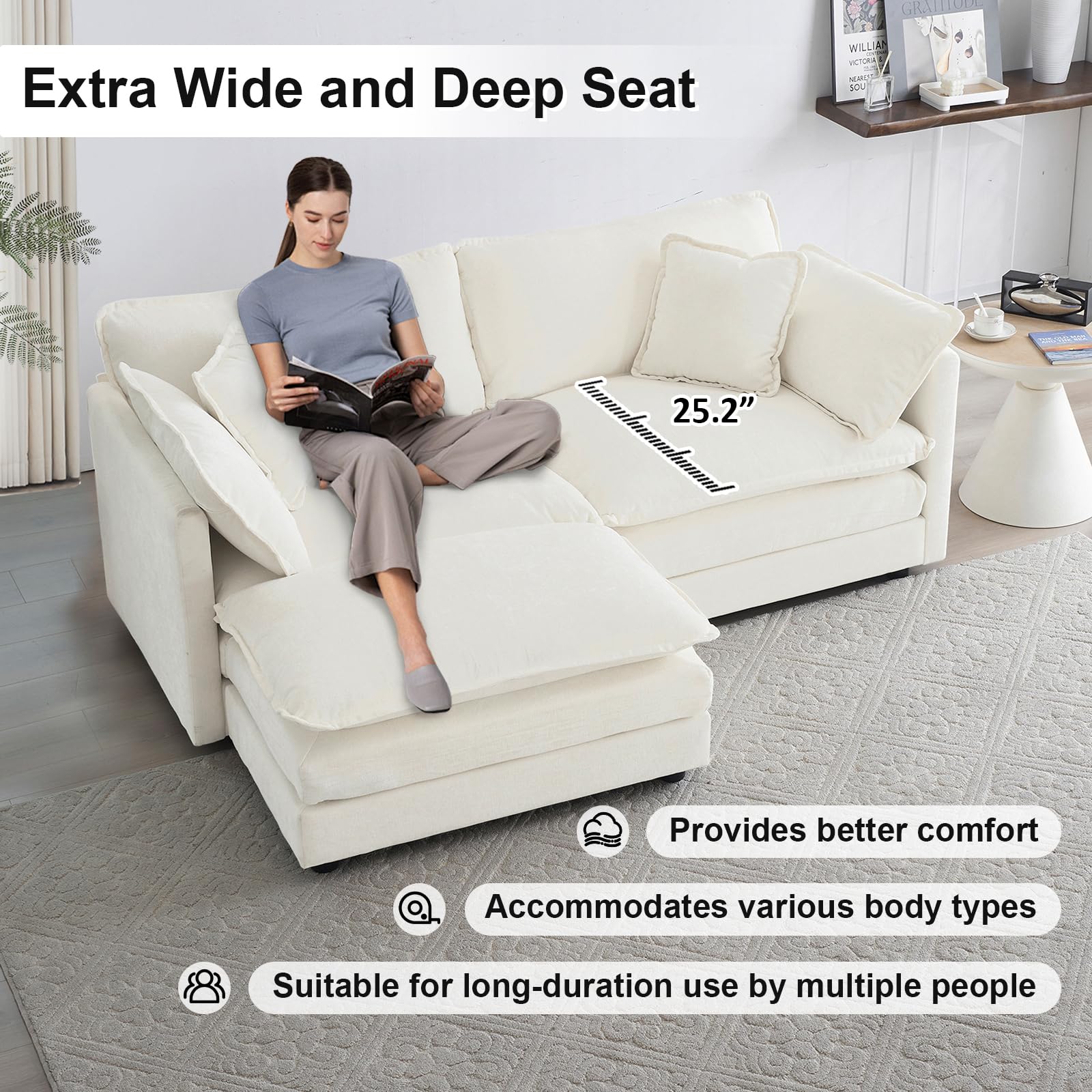 Linyuanwai Chenille 4-Seater Sofa Couch, Comfy Oversized Cloud Couch with Deep Seat and 6 Pillows Lounge Upholstered Large Sofa for Living Room Bedroom Office Apartment (White)