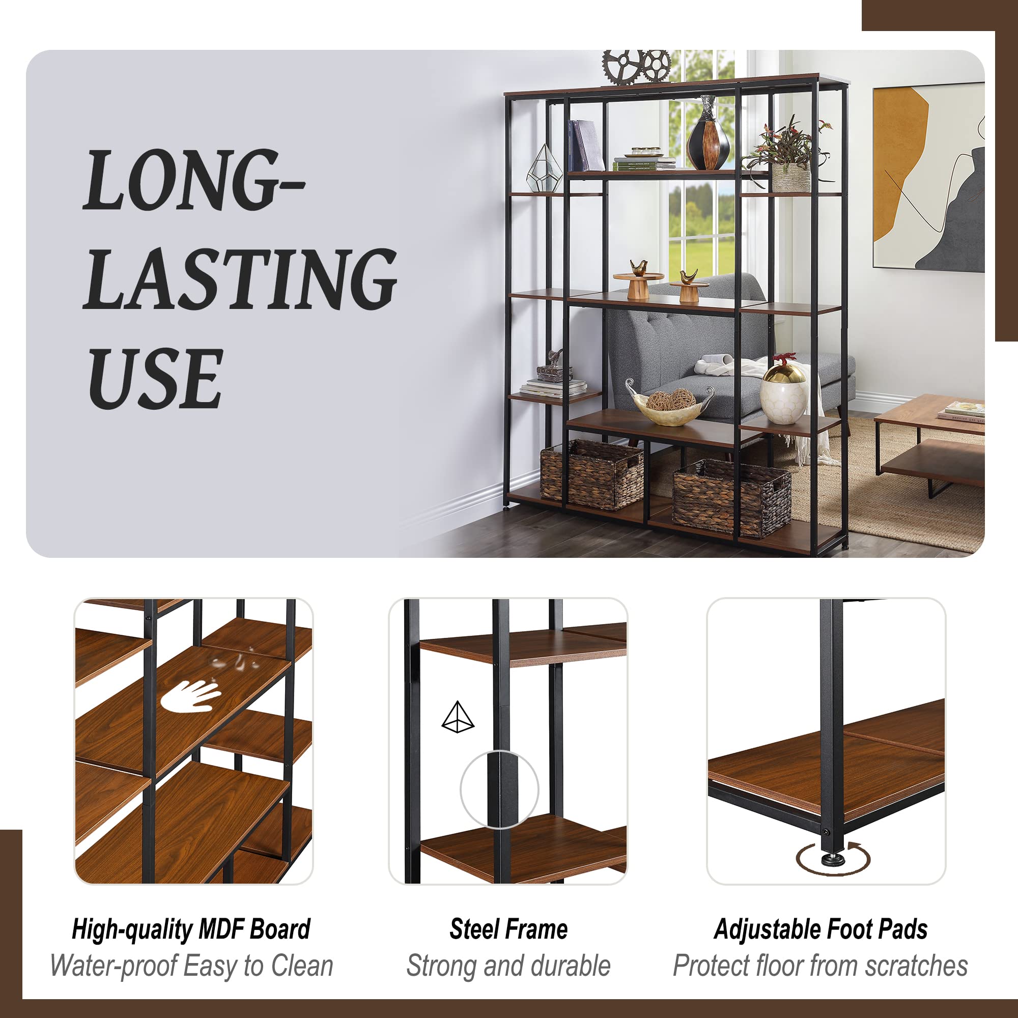 Merax 5 Tier Tall Bookshelf, Industrial Bookcase, Freestanding Display Furniture with Storage Shelf, Brown