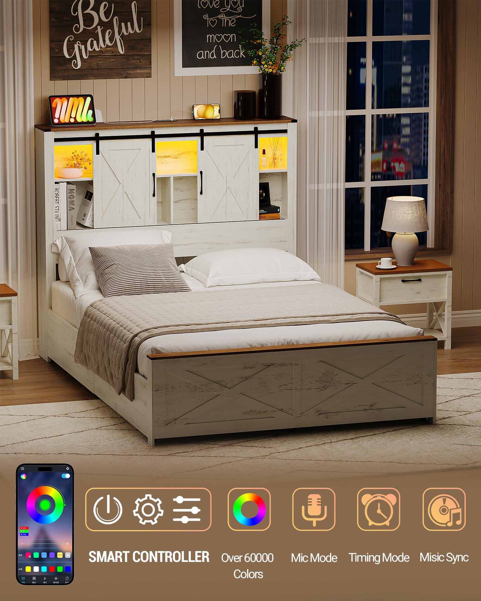HILINSIE Full Size Bed Base Frame with Storage Bookcase Headboard, Sliding Barn Door, Heavy Duty Metal Platform Bed Frame Base with 2 Drawers, LED Lights and USB Charging Station, No Box Spring Needed