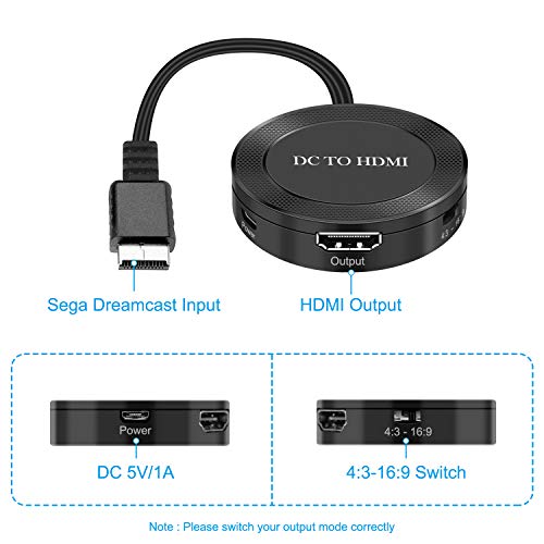 Dreamcast HDMI Converter 4:3/16:9 Aspect Ratio Switch - Simple Plug and Play HDMI Converter for Dreamcast Dreamcast Cable to HDMI - The Best Dreamcast AV Cable