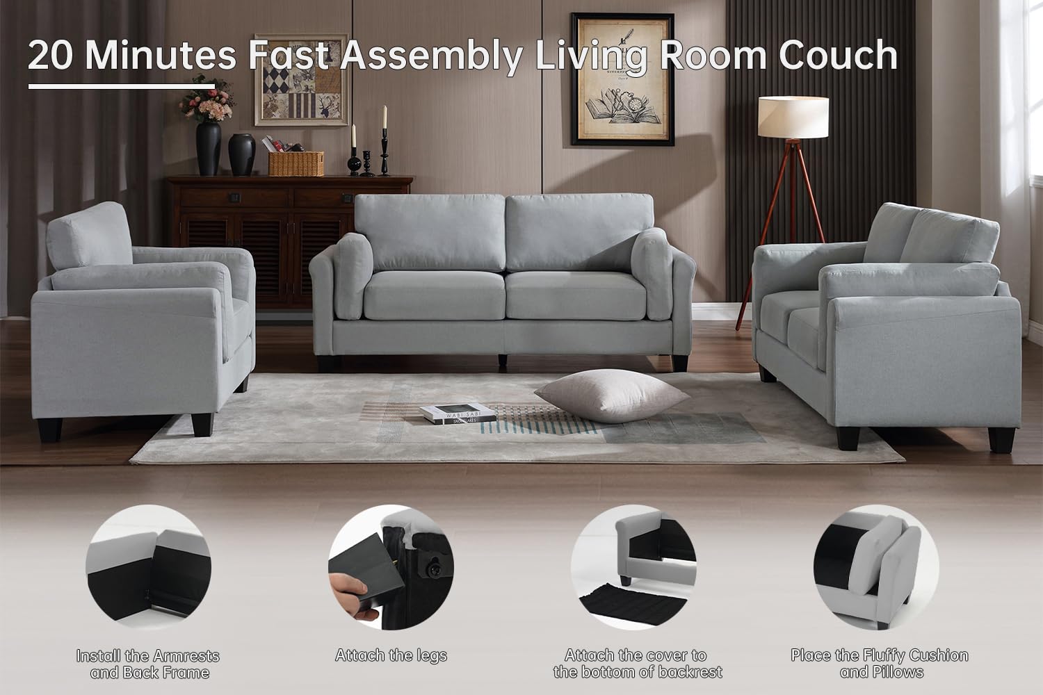 Morden Fort 79" W Sectional Sofa, Comfy 3 Seater Cloud Couch with Deep Seat, Removable Sofa Cushions and Solid Frame Modern Couches Home Sofa for Living Room Bedroom Apartment Lounge, Grey